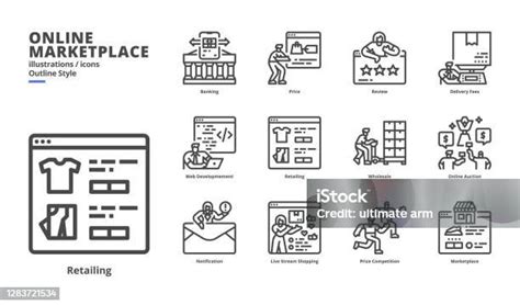 디지털 미디어 및 인쇄 미디어를 위한 온라인 마켓플레이스 아이콘 세트입니다 라이브 스트리밍에 대한 스톡 벡터 아트 및 기타