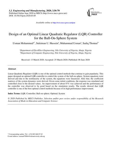 Pdf Design Of An Optimal Linear Quadratic Regulator Lqr Controller For The Ball On Sphere System