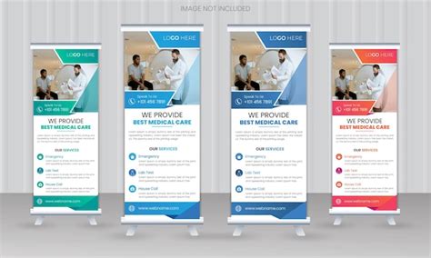 건강 관리 및 의료 롤업 배너 디자인 또는 병원 스탠드 배너 또는 클리닉 X 배너 프리미엄 벡터