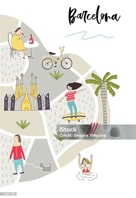 귀여운 재미 손으로 그려진 된 문자 식물과 요소와 바르셀로나의 지도 그림 색 벡터 일러스트 유럽에 대한 스톡 벡터 아트 및 기타 이미지 Istock
