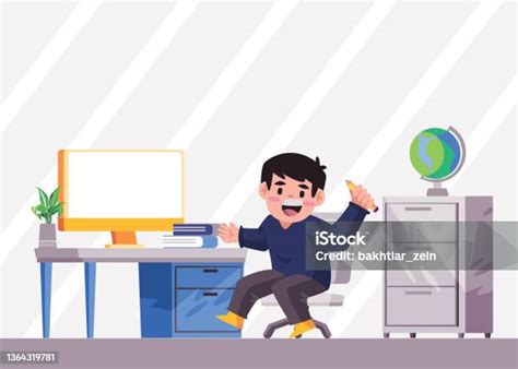 화면 모니터 앞 온라인 학습 학생 미소 행복 앞에 작업 책상에 연필 노동자를 들고 개념에 대한 스톡 벡터 아트 및 기타 이미지 개념 개념과 주제 공부 Istock