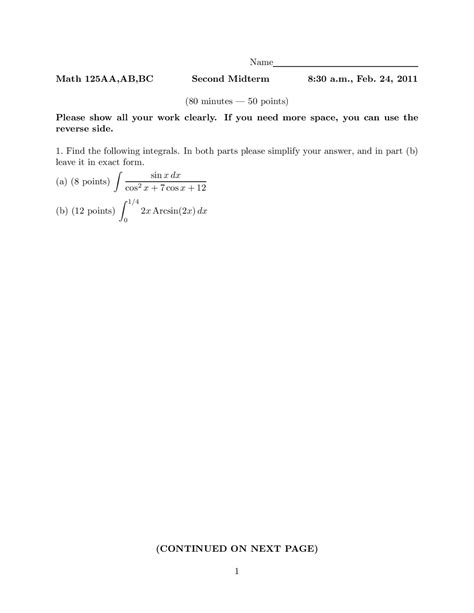 Second Midterm Exam With Answers Calculus Analytical Geometry Ii