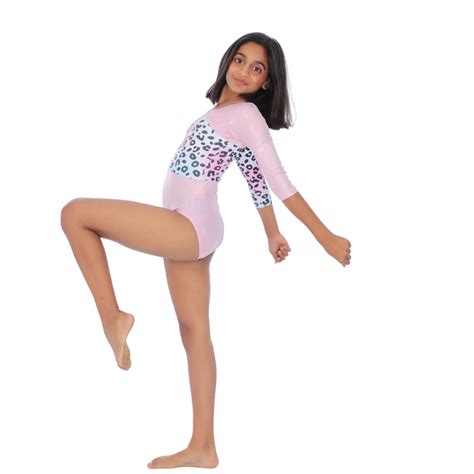Leopard Print Shiny Gymnastics Long Sleeves Leotard Ikaanya