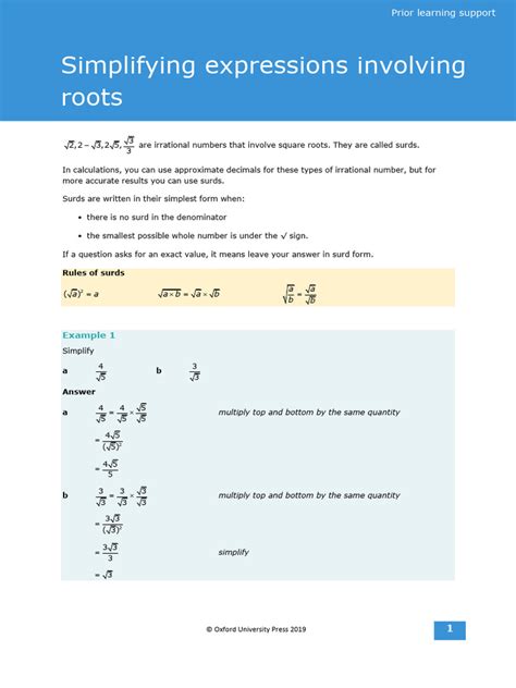 Simplifying Expressions Involving Roots Prior Knowlege Pdf Mathematical Concepts