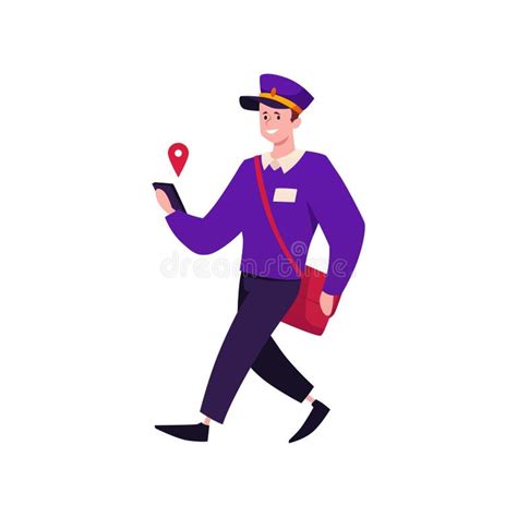 Cheerful Postman In Uniform With Parcels And Letter Delivers Mail Using Smartphone Navigation