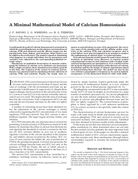 Pdf A Minimal Mathematical Model Of Calcium Homeostasis