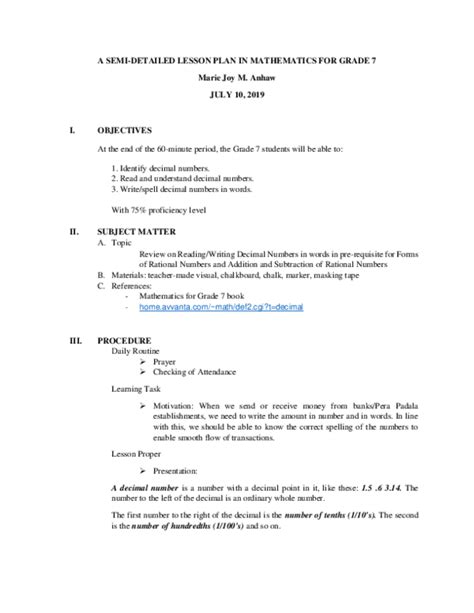 Doc A Semi Detailed Lesson Plan In Mathematics For Grade 7