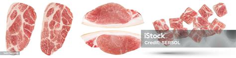 생 돼지 고기의 많은 다른 조각 하얀 배경에 분리된 신선한 돼지고기 조각들 디자인 프로젝트 광고 배너 또는 패키지 라벨에 삽입하기 위한 돼지고기 조각 갈비 음식에 대한 스톡