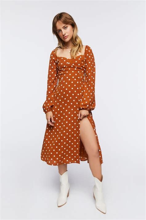 Forever 21 Polka Dot Peasant Sleeve Midi Dress Tanwhite Forever21usa