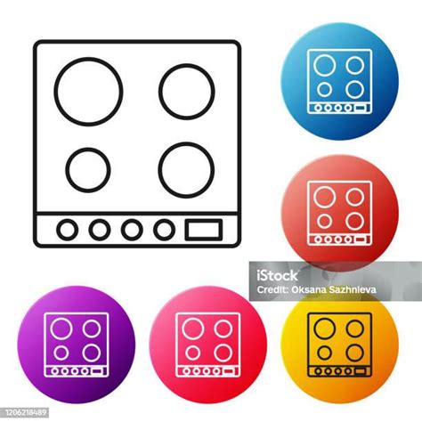 흰색 배경에 격리 된 검은 선 가스 스토브 아이콘입니다 쿡탑 기호입니다 4 개의 원 버너가있는 호브 아이콘 다채로운 원 버튼을