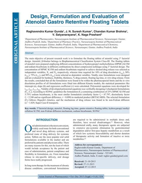 Design Formulation And Evaluation Of Atenolol Gastro Retentive Floating Tablets Pdf