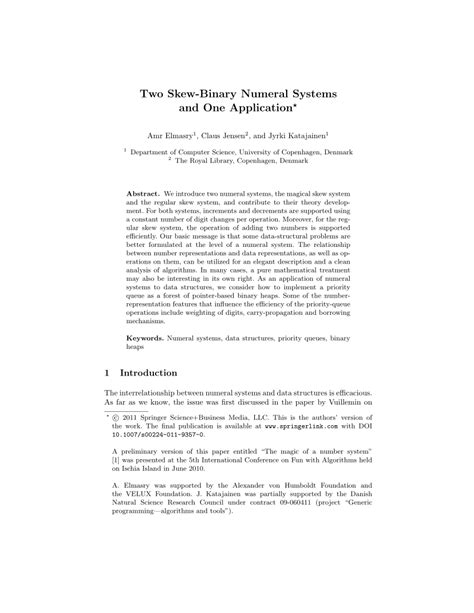Pdf Two Skew Binary Numeral Systems And One Application