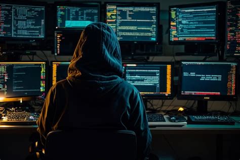 Premium Photo Hacker Programmer Who Sits In A Hoodie Behind A Computer With Many Screens In