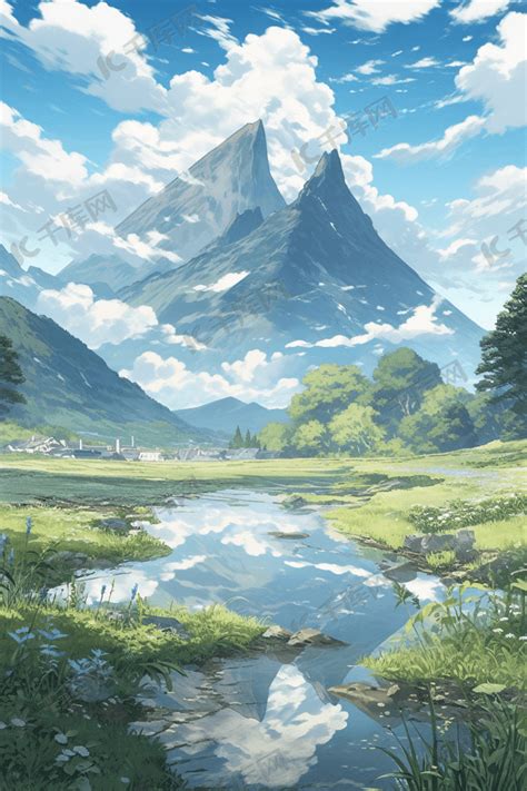 梦幻唯美山峰蓝天场景自然风景插画图片 千库网