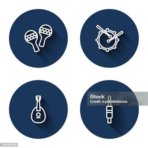 세트 라인 마라카스 드럼 스틱 드럼 만돌린과 긴 그림자 오디오 잭 파란색 원 버튼입니다 벡터 고전 양식에 대한 스톡 벡터 아트 및 기타 이미지 Istock