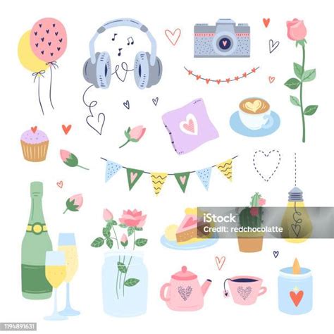 흰색 배경에 설정 된 로맨틱 벡터 그림입니다 부드러운 사랑의 개체와 기호 축하 세인트 발렌타인 데이와 결혼식을위한 그래픽 컬렉션