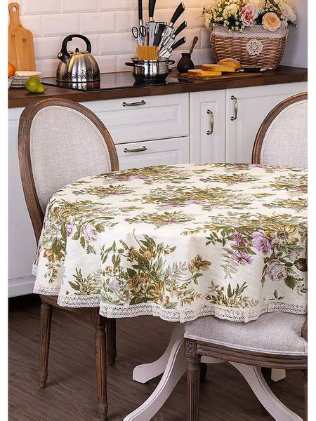 Скатерть на стол / круглая, хлопок / Santalino, Флора, 160 см, шампань ...
