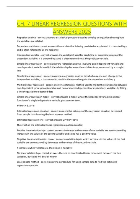 Ch 7 Linear Regression Questions With Answers 2025 Regression