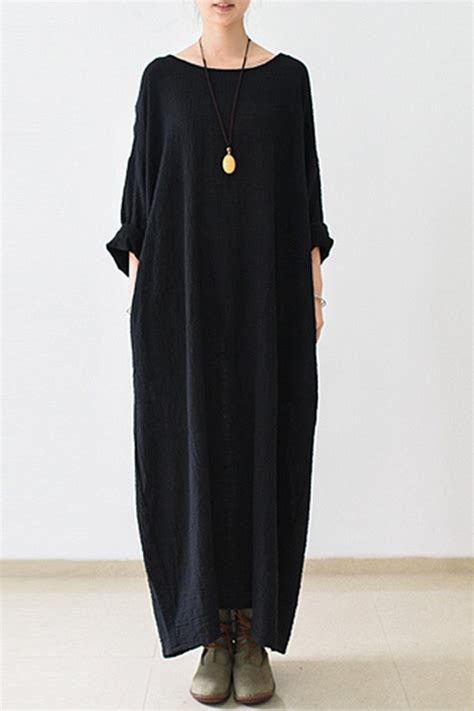 Fall Thin Black Linen Dresses Long Sleeve Linen Caftans Gown Fantasylinen