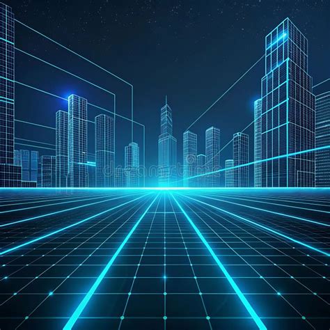 Abstract Digital Data Flow With Neon Blue Lines And Futuristic Grid On Black Background Stock