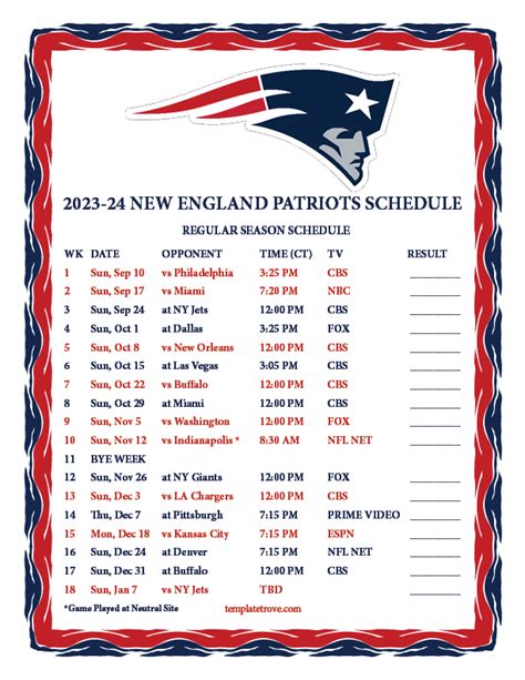 New England Patriots Printable Schedule Printable Board Games