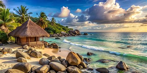 야자수와 청록색 바다가 있는 열대 해변 오두막 열대 해변 오두막 바다 일몰 배경 열대 섬 휴가 배경 일러스트 및 사진 무료 다운로드 Pngtree