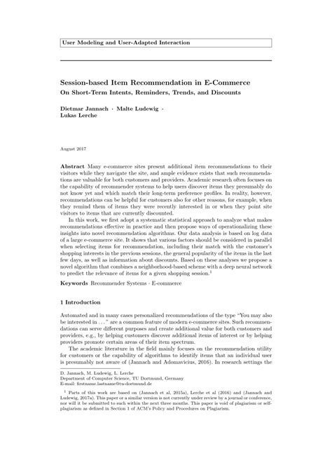 Pdf Session Based Item Recommendation In E Commerce On Short Term