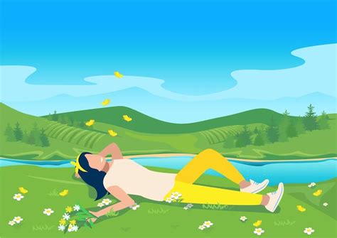 Девушка лежала на траве Премиум векторы