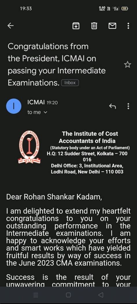 Rohan Kadam On Linkedin This Mail Made My Day 🥺🥺 I Am Very Much Thankful To Icmai