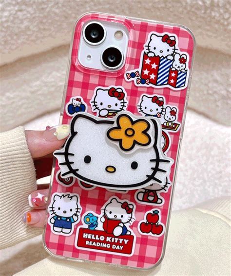 헬로키티 핫핑크 체크 아이폰케이스 키티그립톡set 산리오 폰케이스 에이블리