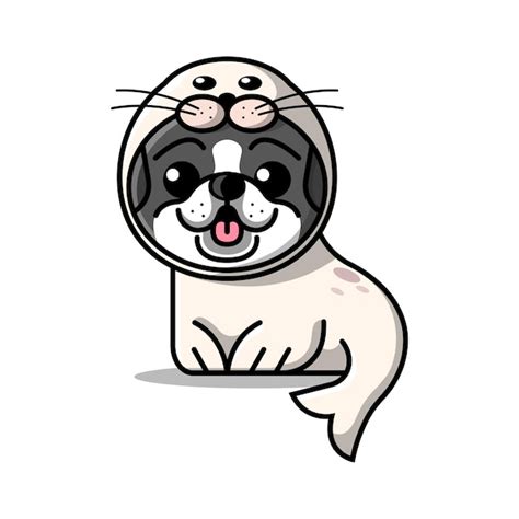 귀여운 불독이 물개 의상을 입고 있다 만화 삽화 프리미엄 벡터