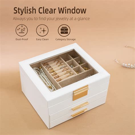 3 Layer Jewelry Box Organizer For Women With Glass Lid Drawers