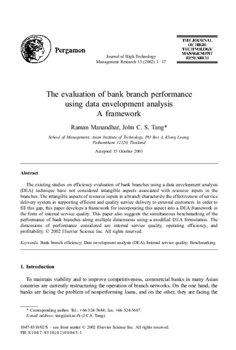 Pdf The Evaluation Of Bank Branch Performance Using Data Envelopment Analysis A Framework