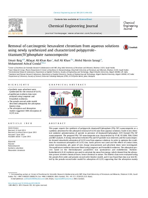 Pdf Removal Of Carcinogenic Hexavalent Chromium From Aqueous