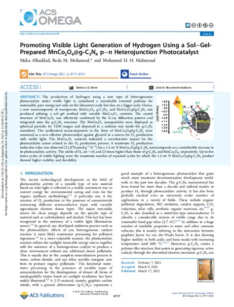 Pdf Promoting Visible Light Generation Of Hydrogen Using A Solgel Prepared Mnco2o4g C3n4 Pn