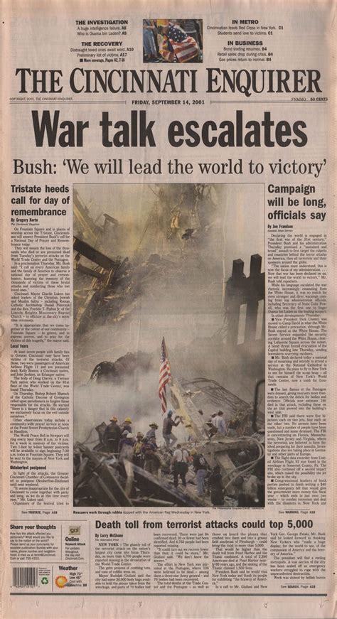 911 Memorial Newspaper Pages On Sept 11 2001 Twin Towers Attack