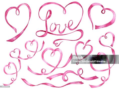수채화 리본 하트 러브 레터 아이콘 인사말 카드 컨셉 손으로 그린 빨간 분홍색 사랑 하트 큰 세트흰색 배경에 고립 결혼식 또는