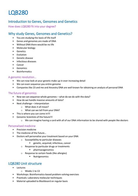 Introduction To Genes Genomes And Genetics Complete Lecture Notes Lqb280 Genes Genomes And