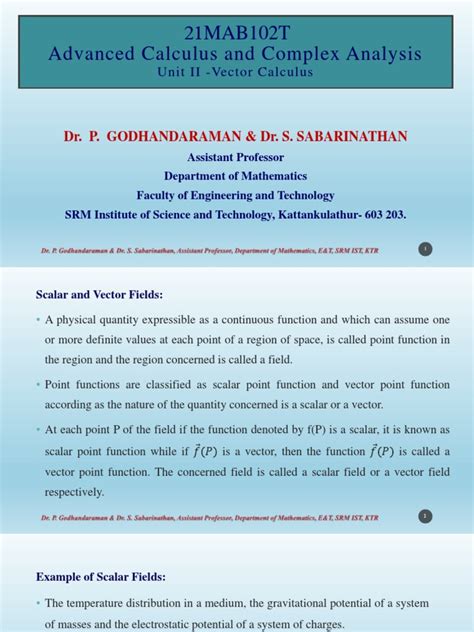 Ppt Vector Calculus Unit 2 Part 1 Pdf Euclidean Vector Function
