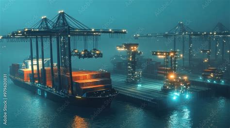 Futuristic Container Shipping With Automated Systems Loading And Unloading Ships Without Human