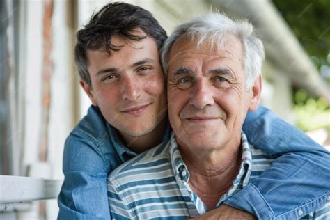 Premium Photo Closeup Portrait Of Young Man Embracing Older Man Outdoors