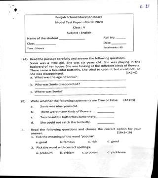 PSEB 5th Model Test Paper Of English