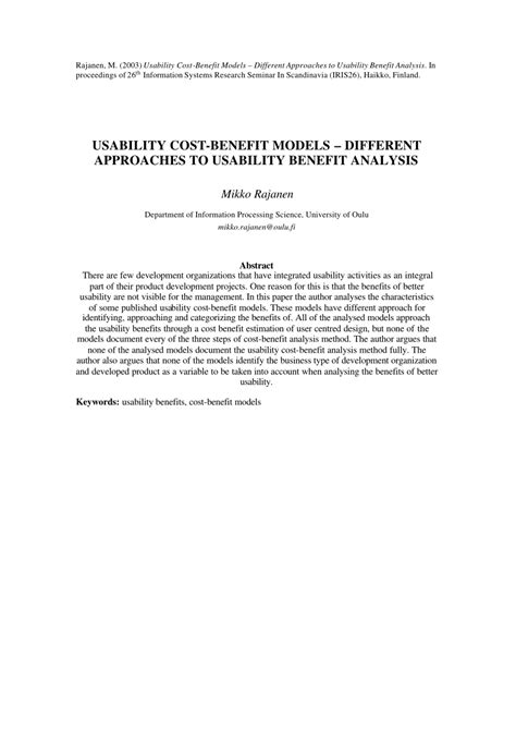 Pdf Usability Cost Benefit Models Different Approaches To Usability Benefit Analysis