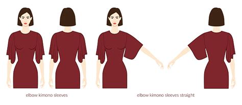 기모노 소매 팔꿈치 길이의 옷 캐릭터 아가씨 인 버건디 탑 셔츠 드레스 테크니컬 패션 일러스트 적합 플랫 의류 템플릿 앞면 뒷면 여성 남성 남녀 공용 Cad 모형 T 셔츠에