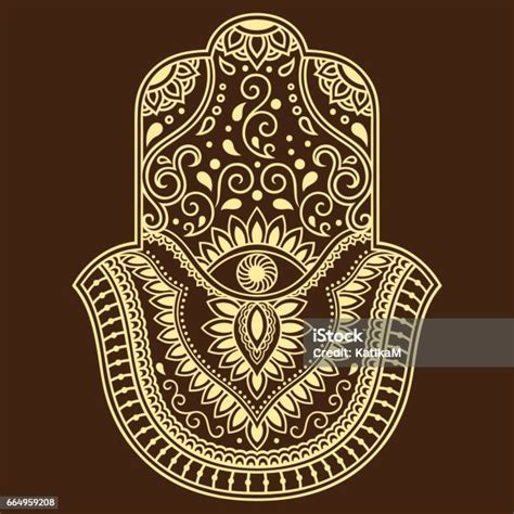 벡터 Hamsa 손 그려진된 상징 실내 장식 및 헤 너와 함께 그림에 대 한 오리엔탈 스타일 장식 패턴입니다 파티마의 손의 고 대 상징 눈 신체 부분에 대한 스톡 벡터 아트