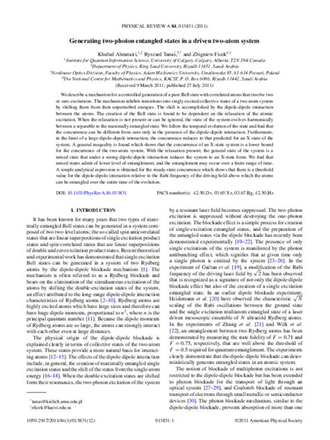 Pdf Generating Two Photon Entangled States In A Driven Two Atom