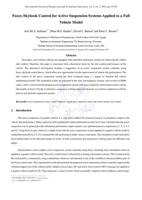 Pdf Fuzzy Skyhook Control For Active Suspension Systems Applied To A Full Vehicle Model