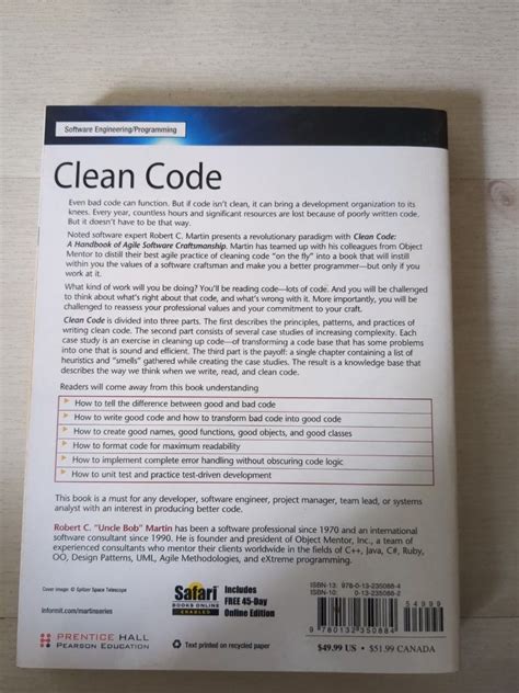 Clean Code A Handbook Of Agile Software Craftsmanship By Robert C Martin Computers Tech