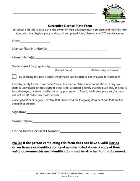 Lee County Florida Surrender License Plate Form Download Fillable Pdf