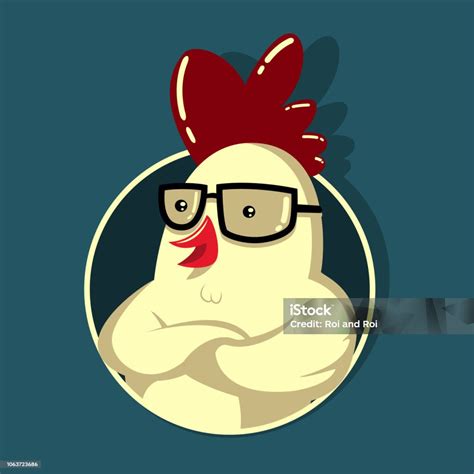 안경에서의 치킨 엉덩이 T셔츠 로고 엠 블 럼 마스코트 배지 아이콘 및 요법에 대 한 서식 파일을 디자인 수 탉의 벡터 만화 개념 그림입니다 닭에 대한 스톡 벡터 아트 및